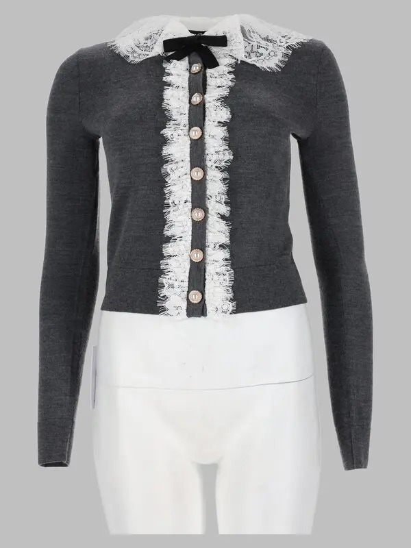 SELF-PORTRAIT Cardigan In Lana Con Colletto In Pizzo - Grey