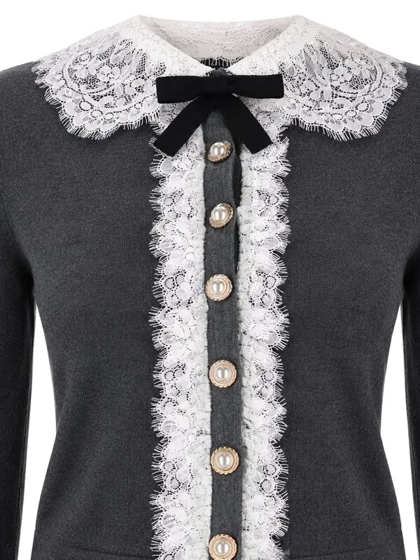 SELF-PORTRAIT Cardigan In Lana Con Colletto In Pizzo - Grey