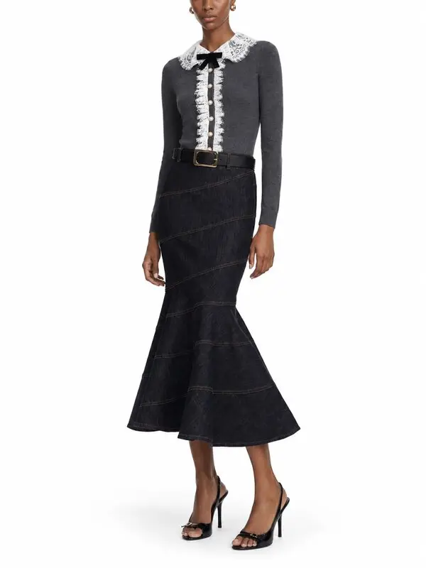 SELF-PORTRAIT Cardigan In Lana Con Colletto In Pizzo - Grey