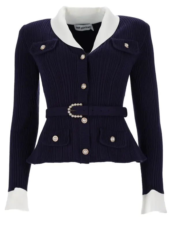 SELF-PORTRAIT Cardigan In Maglia A Coste - Blue