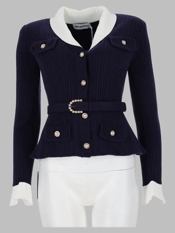 SELF-PORTRAIT Cardigan In Maglia A Coste - Blue