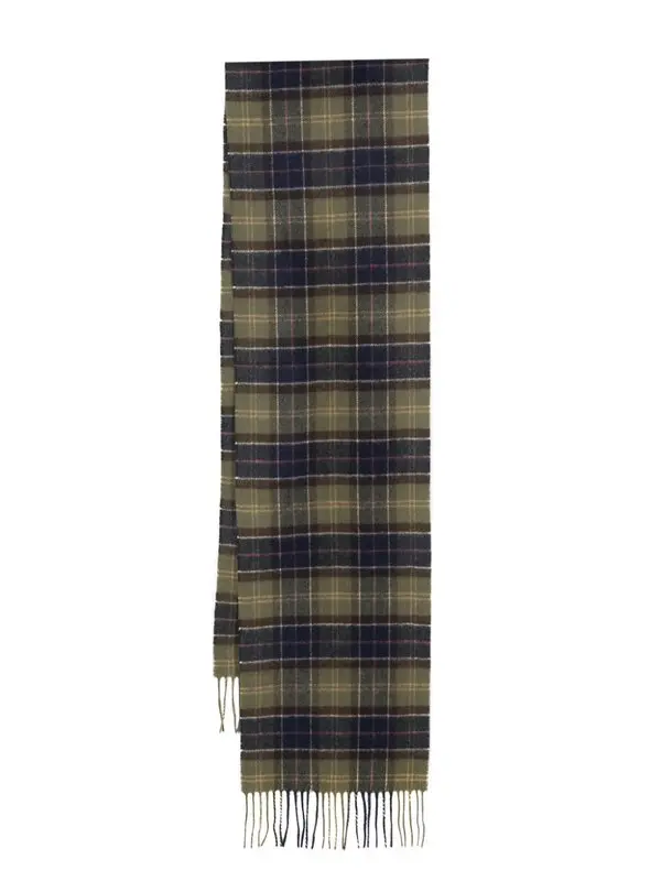 Barbour Wool Flannel Tartan Check Fringed Edge Wraparound Scarf - Olive Green