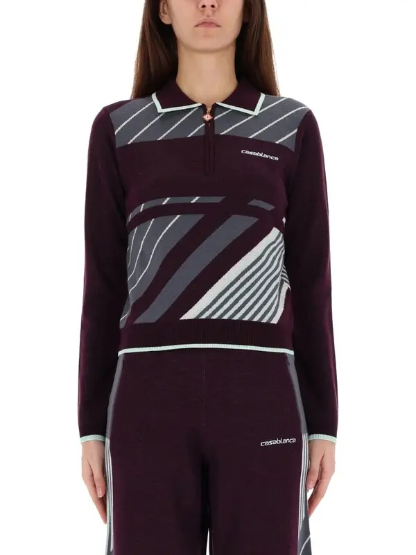 Casablanca Diagonal Tennis Merino Long Sleeve Polo Shirt - Purple