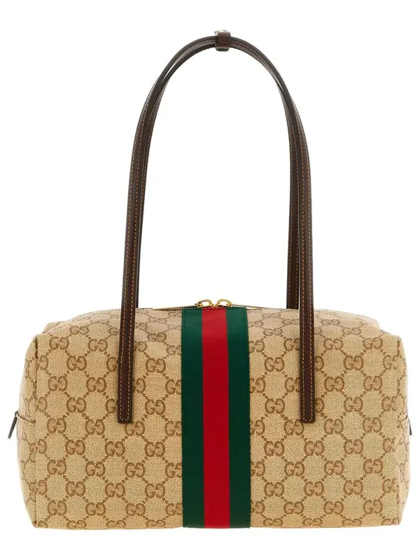 Gucci Gg Canvas Boston Shoulder Handbag With Two Top Handles, Maxi Web Strap, Zip Closure And Cm - Beige