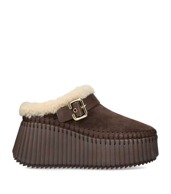 Chloé Suede-shearling Nama Wedge Mules 90