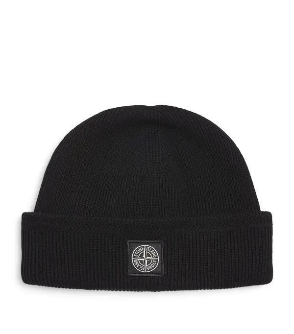 Stone Island Organic Cotton Logo Beanie - Black