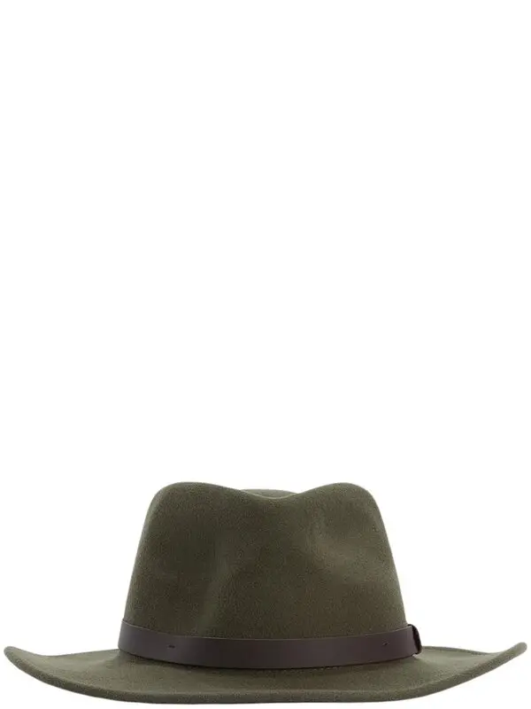 Barbour Wool Felted Debossed Logo Leather Band Crown Flat Brim Hat - Green