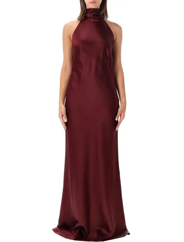 Ralph Lauren Satin Column Evening Dress With Self-tie Halter And Open Back - Bordeaux