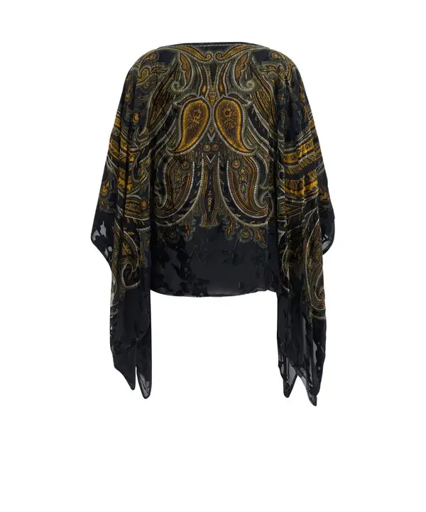 Etro Burnout Velvet Poncho Top With Placed Paisley Print