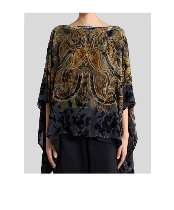 Etro Burnout Velvet Poncho Top With Placed Paisley Print