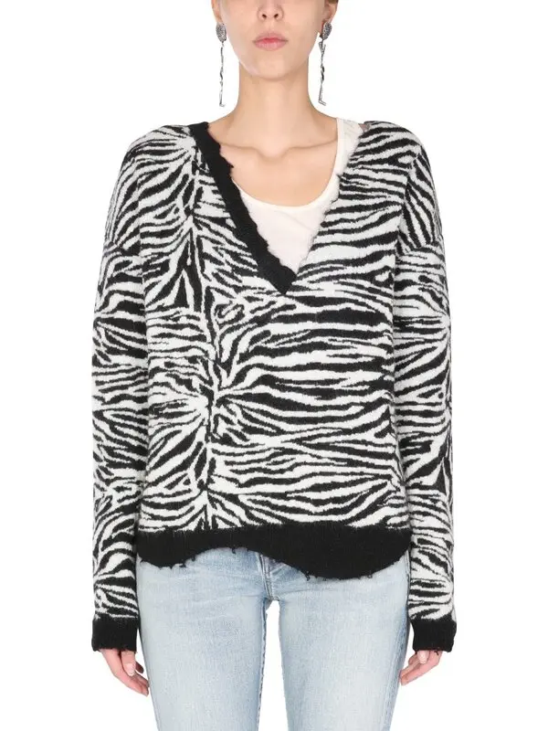 Saint Laurent Wool Mohair Blend Zebra-pattern Ripped Jumper - Multicolour