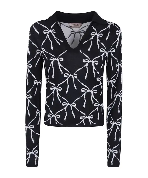 TWINSET Bowjacquard Polocollar Knit Sweater - Black
