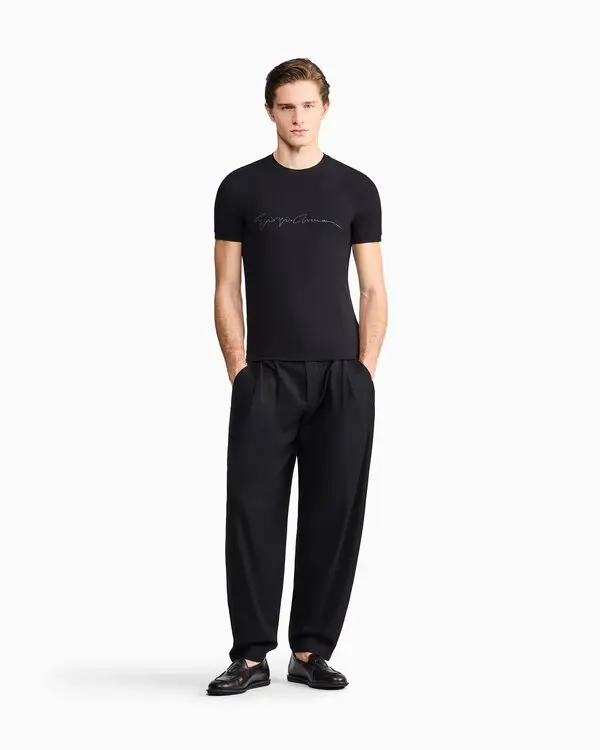 Giorgio Armani Stretch T-shirt In Viscose With Crew Neck And Logo - Black