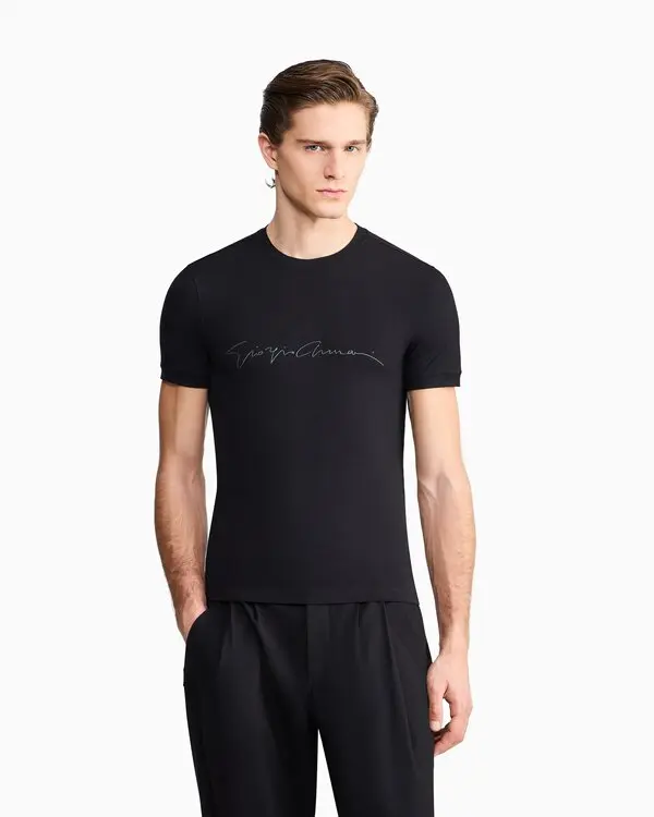 Giorgio Armani Stretch T-shirt In Viscose With Crew Neck And Logo - Black
