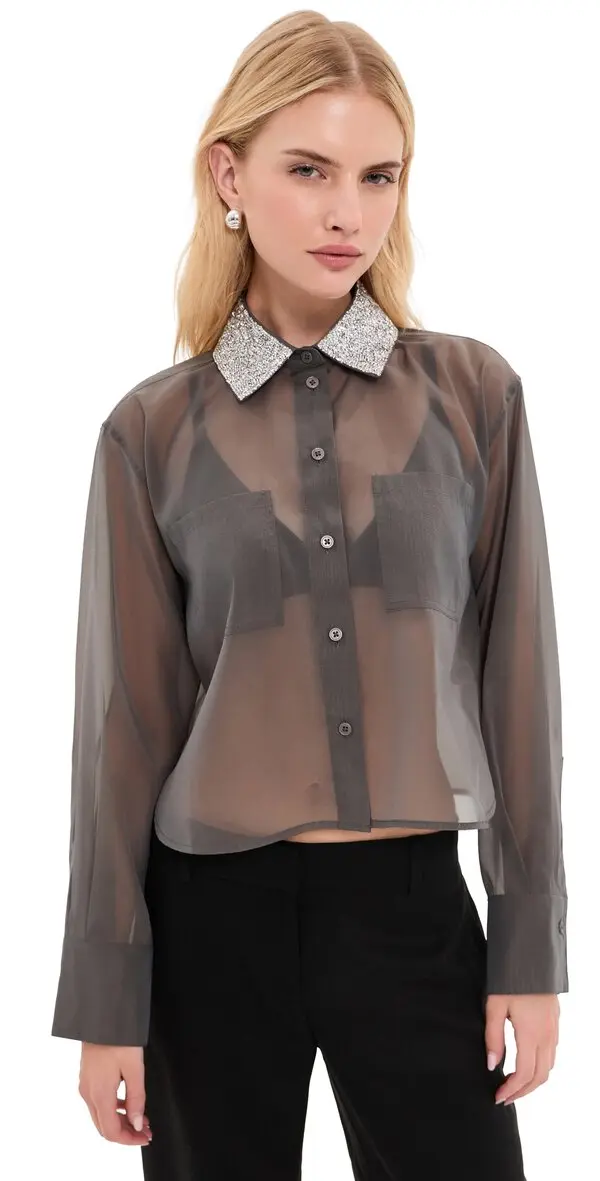 LE BOP Organza Cropped Buttondown With Embellished Collar - Iron Grey