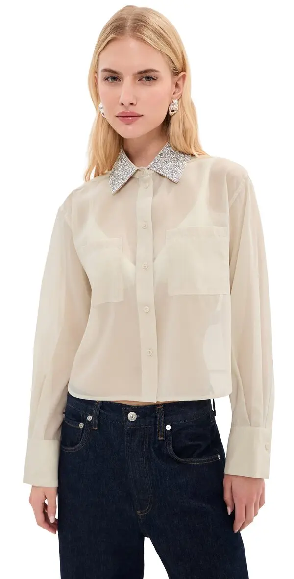 LE BOP Organza Cropped Buttondown With Embellished Collar - Ivory