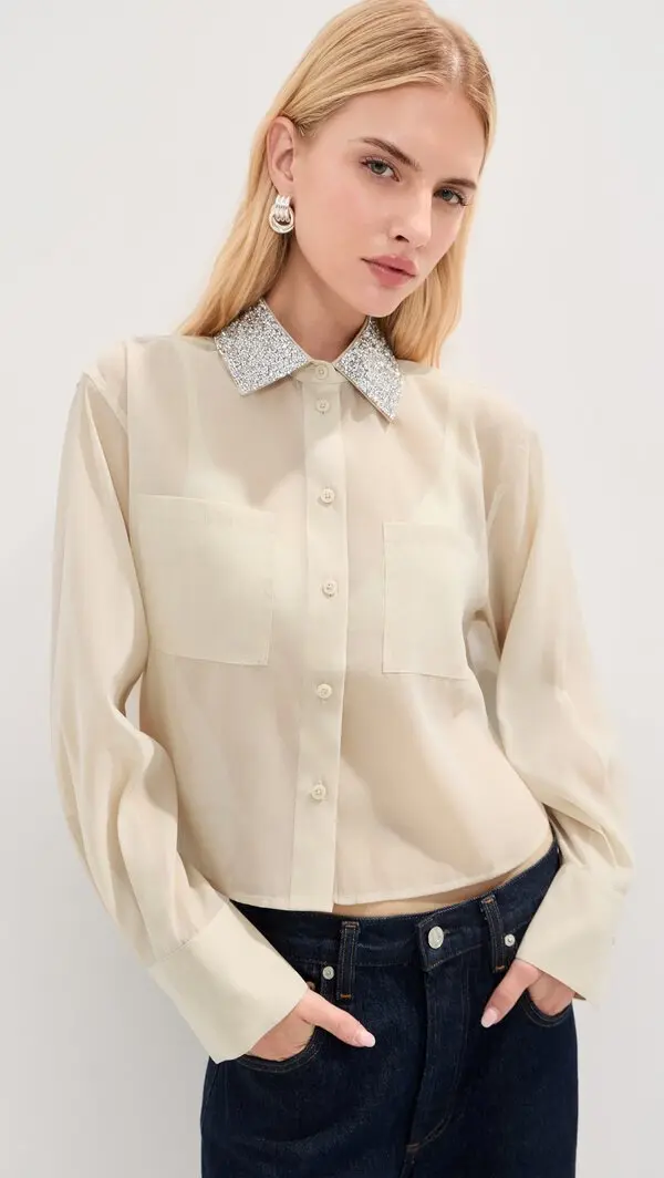 LE BOP Organza Cropped Buttondown With Embellished Collar - Ivory