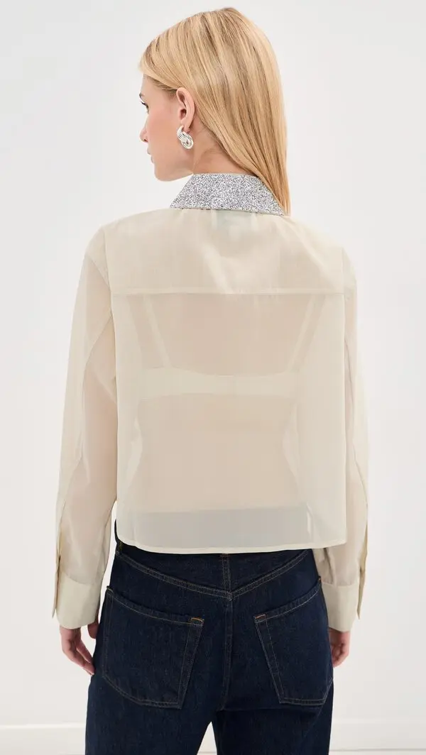 LE BOP Organza Cropped Buttondown With Embellished Collar - Ivory
