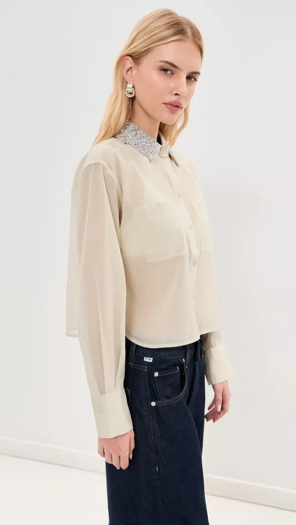LE BOP Organza Cropped Buttondown With Embellished Collar - Ivory
