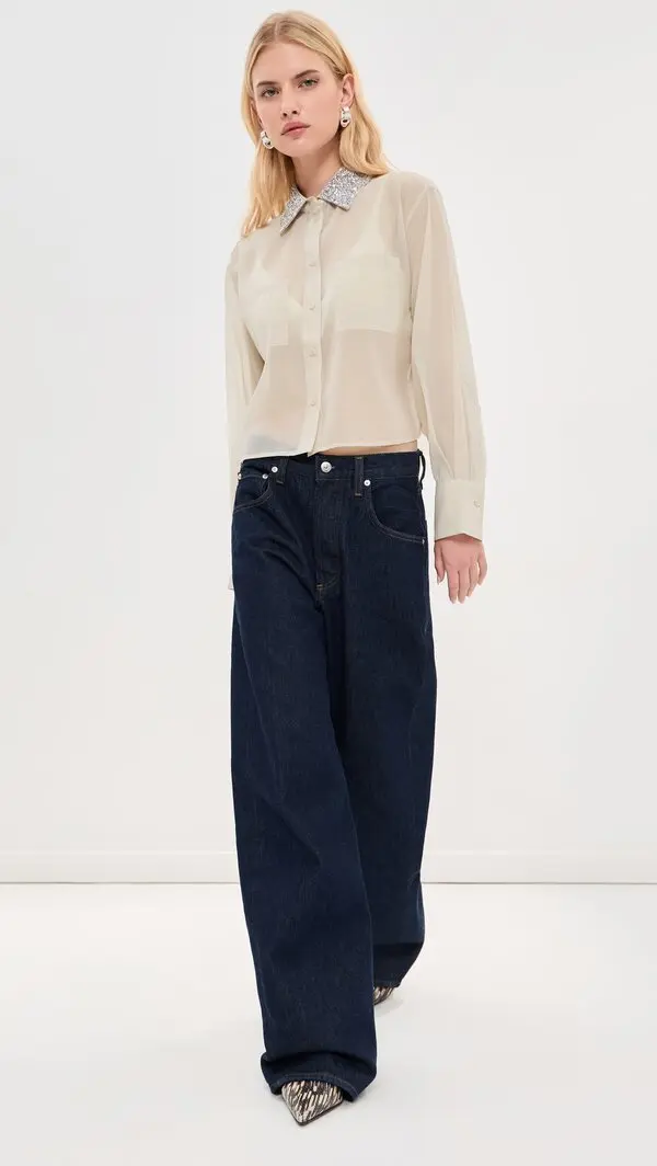 LE BOP Organza Cropped Buttondown With Embellished Collar - Ivory