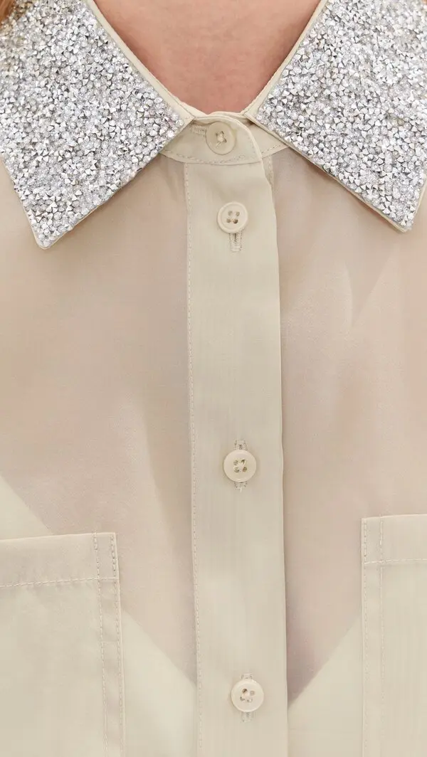LE BOP Organza Cropped Buttondown With Embellished Collar - Ivory
