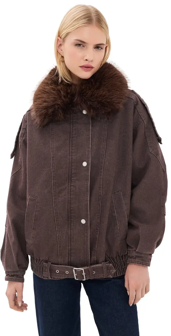 Avec Les Filles Combo Collar Belted Hem Bomber