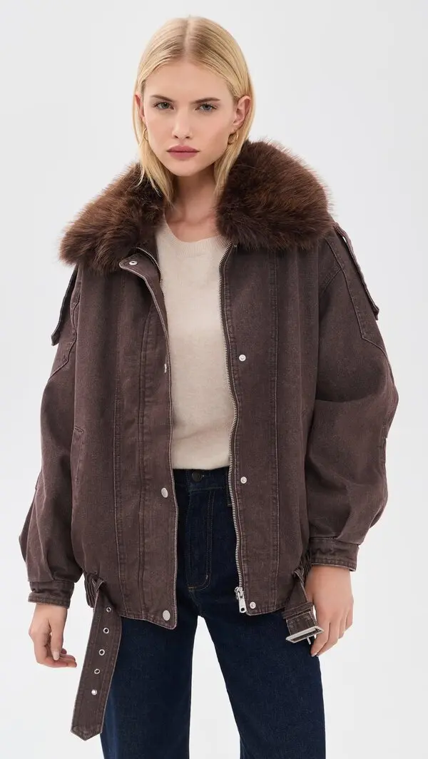 Avec Les Filles Combo Collar Belted Hem Bomber