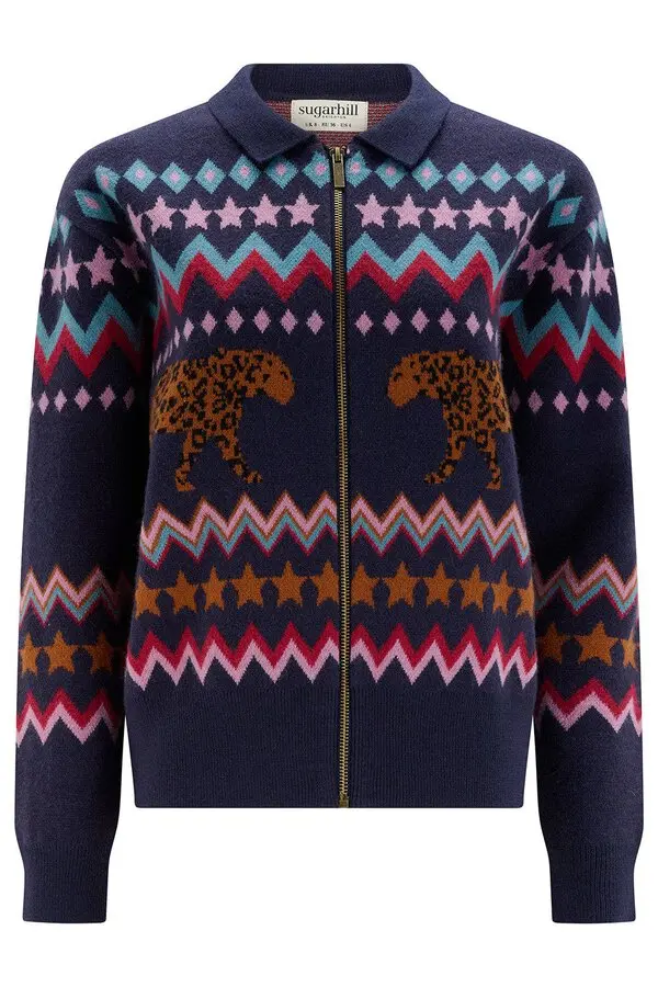 SUGARHILL BRIGHTON Katlin Knitted Bomber Jacket Navy Leopard