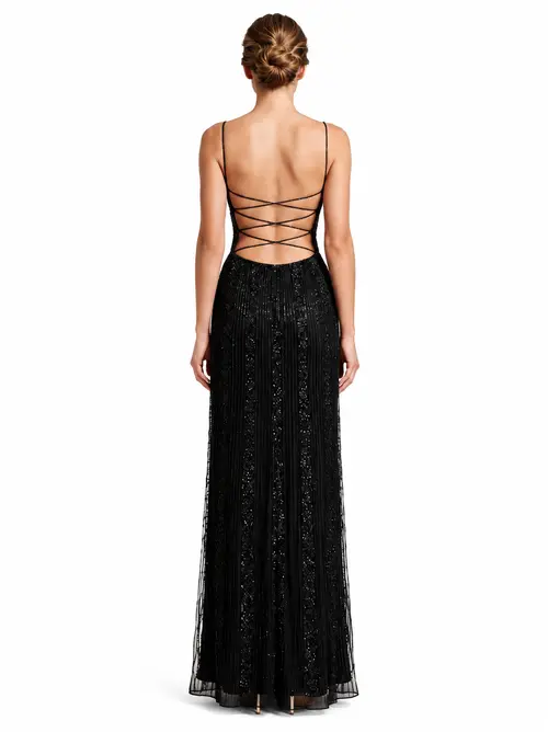 LARA NEW YORK Spaghetti Strap Beaded Gown - Black