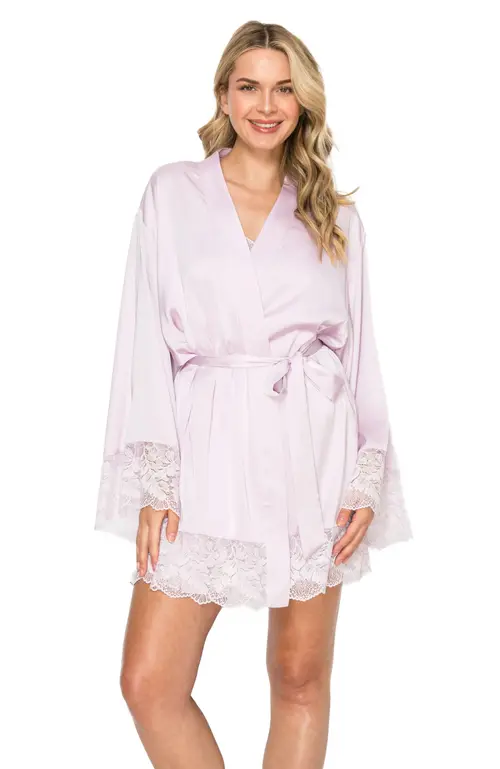Badgley Mischka Silky Satin & Sparkle Lace Short Wrap Robe - Lilac
