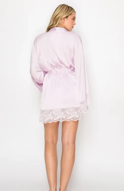 Badgley Mischka Silky Satin & Sparkle Lace Short Wrap Robe - Lilac