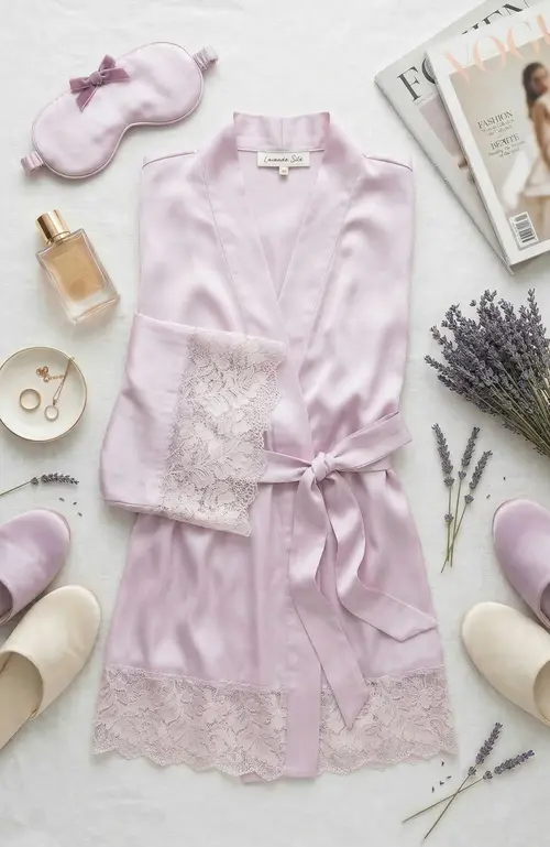 Badgley Mischka Silky Satin & Sparkle Lace Short Wrap Robe - Lilac