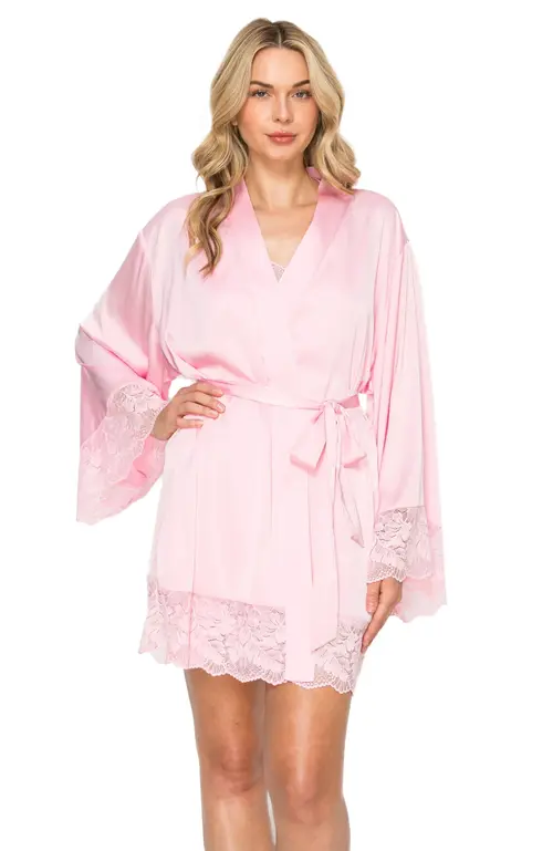 Badgley Mischka Silky Satin & Sparkle Lace Short Wrap Robe - Rose