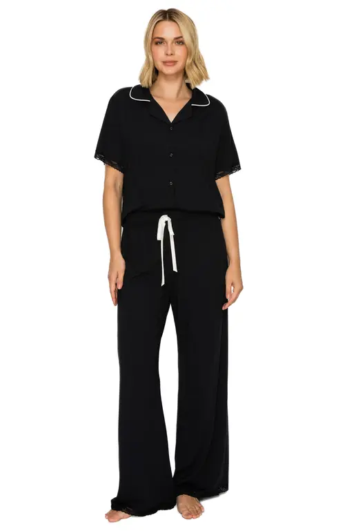Badgley Mischka Yummy Jersey Notched Collar & Wide Leg Pants Set - Black