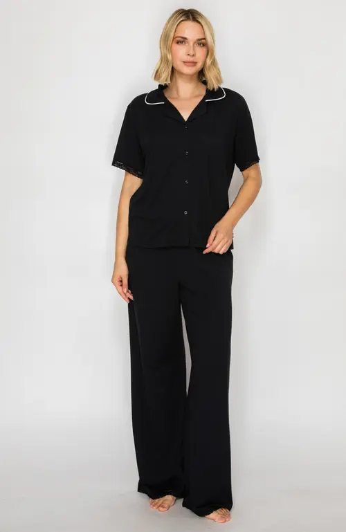Badgley Mischka Yummy Jersey Notched Collar & Wide Leg Pants Set - Black