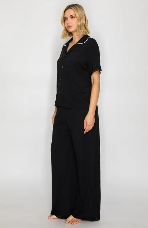 Badgley Mischka Yummy Jersey Notched Collar & Wide Leg Pants Set - Black
