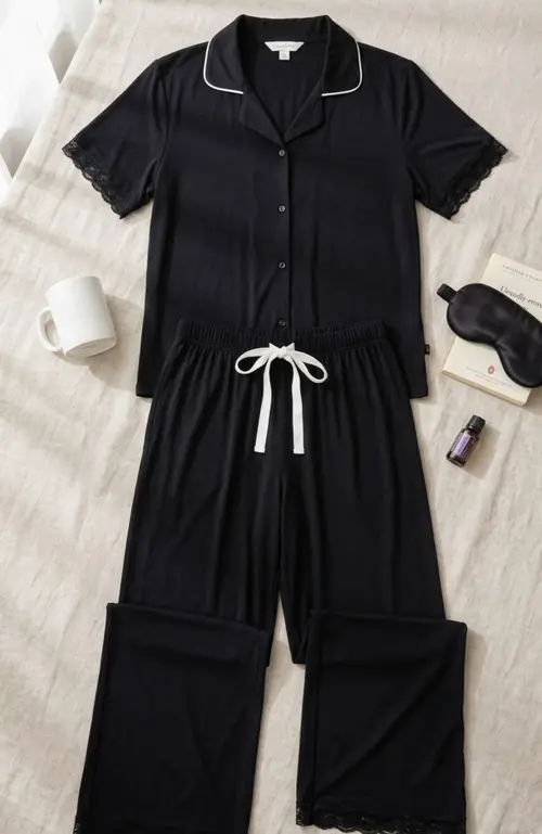 Badgley Mischka Yummy Jersey Notched Collar & Wide Leg Pants Set - Black