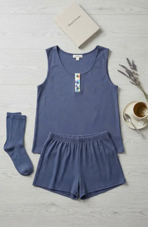 Badgley Mischka Yummy Jersey Rib Henley Top & Short Set - Blue