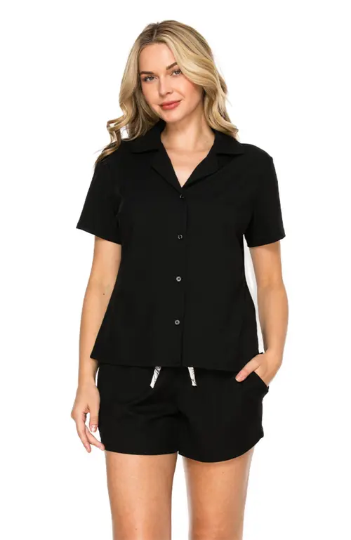 Badgley Mischka Yummy Jersey Rib Button-up & Short Pajama Set - Black