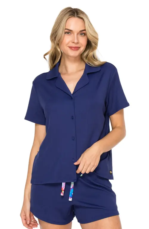 Badgley Mischka Yummy Jersey Rib Button-up & Short Pajama Set - Blue