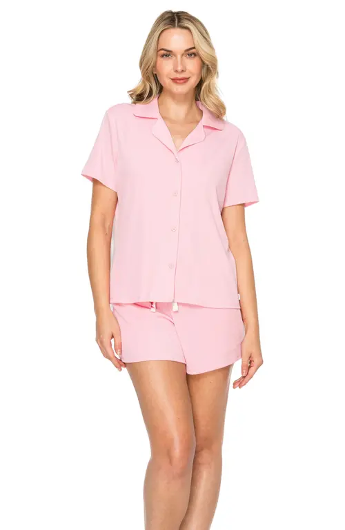 Badgley Mischka Yummy Jersey Rib Button-up & Short Pajama Set - Rose