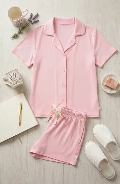 Badgley Mischka Yummy Jersey Rib Button-up & Short Pajama Set - Rose
