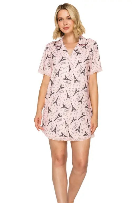 Badgley Mischka Notched Collared Sleep Dress - Rose Eifel