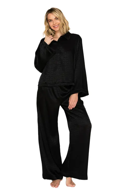 Badgley Mischka Silky Jacquard Satin Long Sleeve & Wide Leg Pajama Set - Black