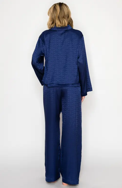 Badgley Mischka Silky Jacquard Satin Long Sleeve & Wide Leg Pajama Set - Blueberry