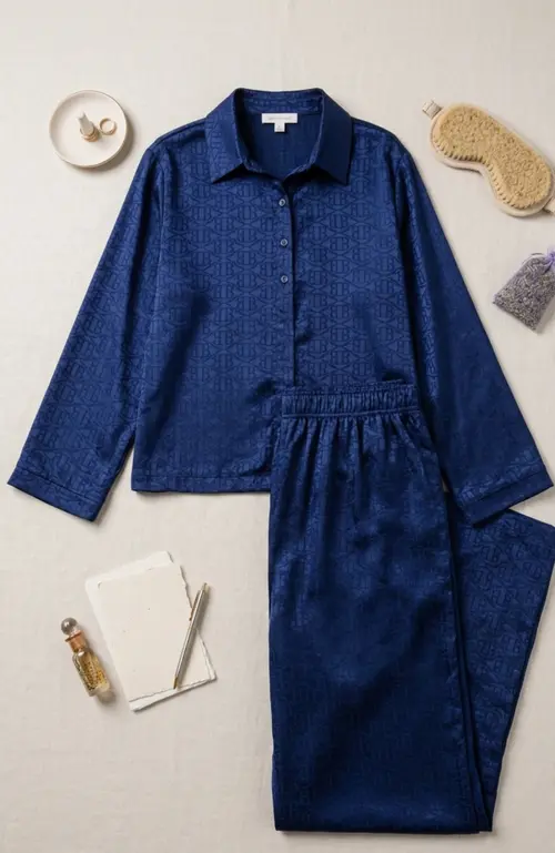Badgley Mischka Silky Jacquard Satin Long Sleeve & Wide Leg Pajama Set - Blueberry