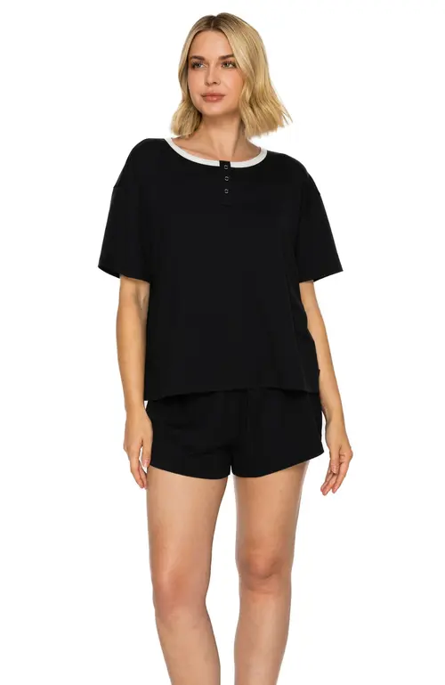 Badgley Mischka Yummy Henley Top & Short Pj Set - Black