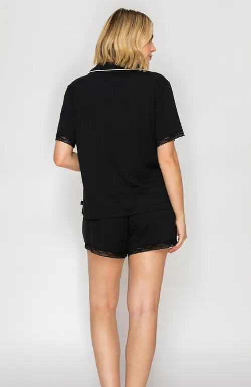 Badgley Mischka Notched Collared Shorts 2pc Pajama Set - Black