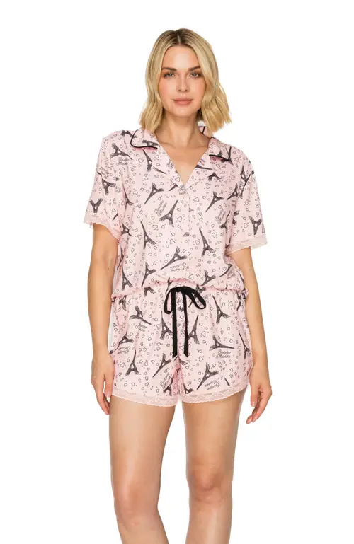 Badgley Mischka Notched Collared Shorts 2pc Pajama Set - Rose