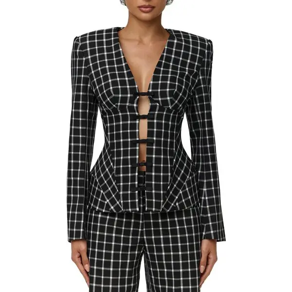 Naked Wardrobe Check Suiting Blazer With Satin Bows - Noir Plaid